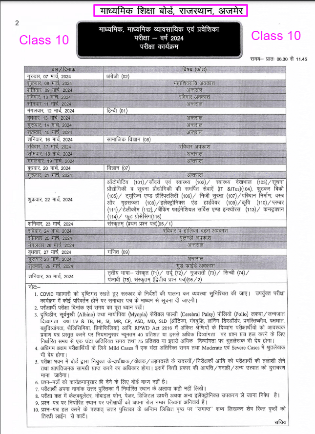 2024 RBSE Rajathan Board Class 10 Model Paper Download